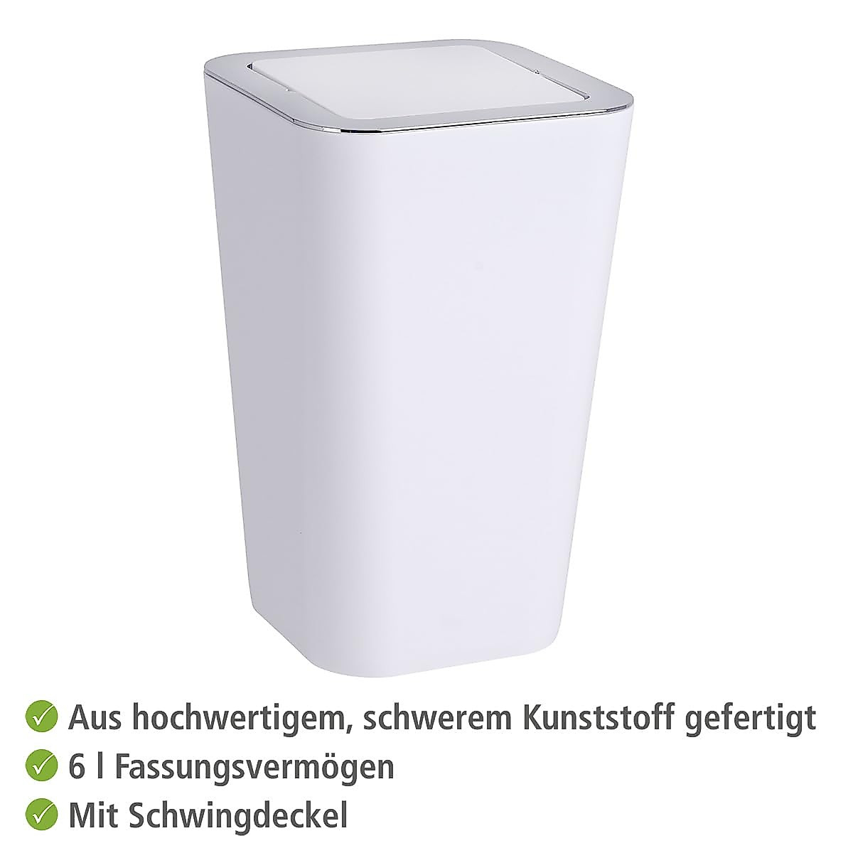 WENKO Small Trash Can with Swing Top Lid, Mini Waste Basket, Stylish Garbage Bin for Bathroom, Bedroom, Kitchen, 1.6 Gallon, 7.1 x 11.2 x 7.1 in, White