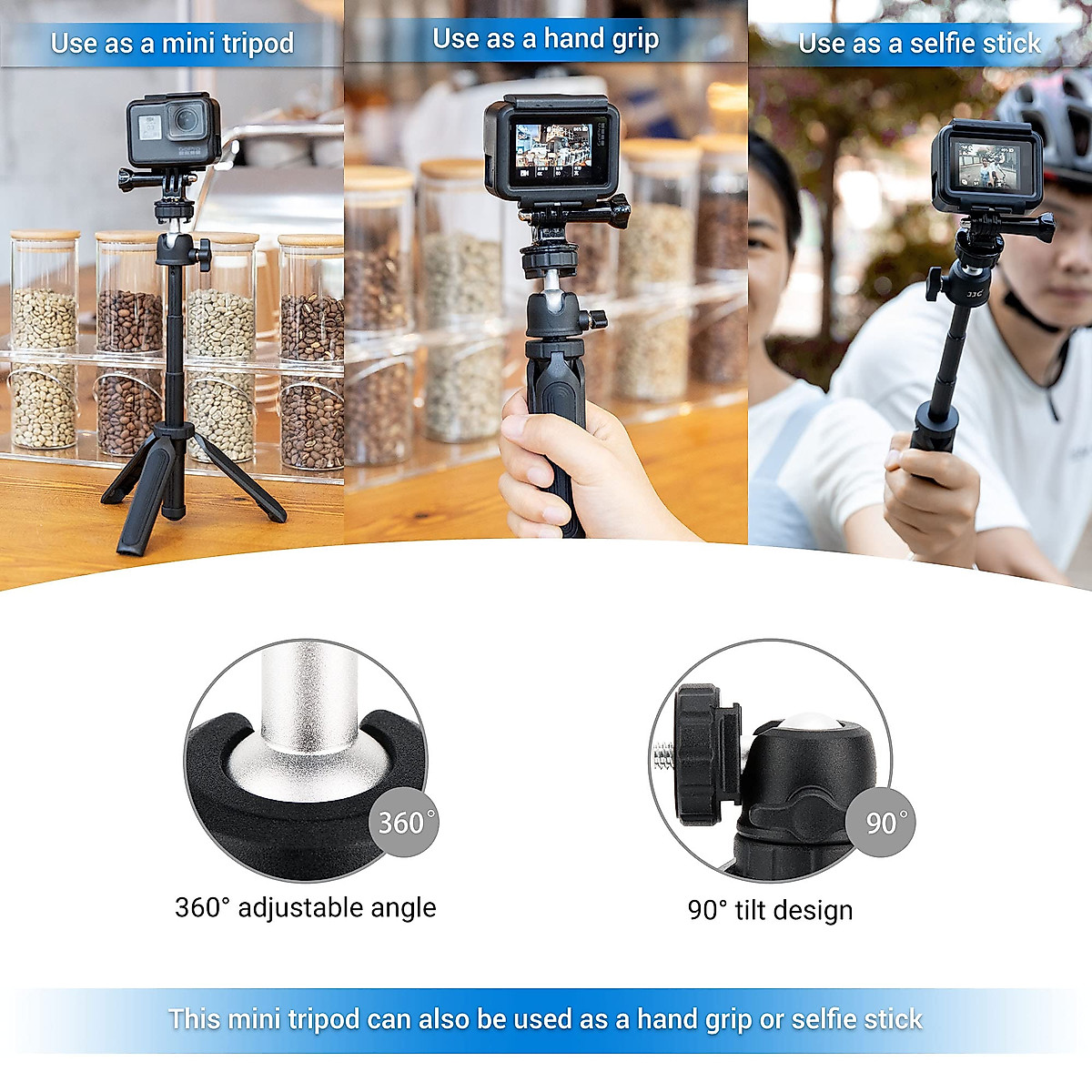 Extendable Camera Mini Tripod, 3 Sections 360°Pan and 90°Tilt Selfie Stick Tripod for Canon G7X Mark III Sony ZV-1 RX100 VII Action Camera Gopro Hero 9/8/7/6 Black DJI Osmo Action