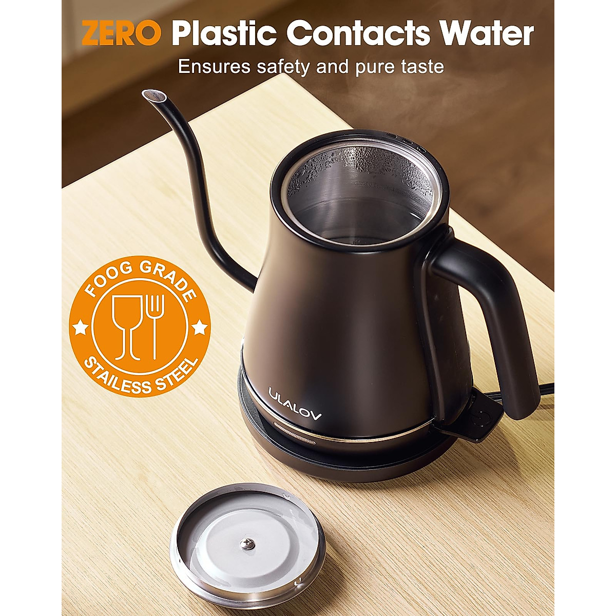 Ulalov Electric Gooseneck Kettle Ultra Fast Boiling Hot Water Kettle 100% Stainless Steel for Pour-over Coffee & Tea, Leak-Proof Design, Auto Shutoff Anti-dry Protection, 1200W-0.8L, Matte Black