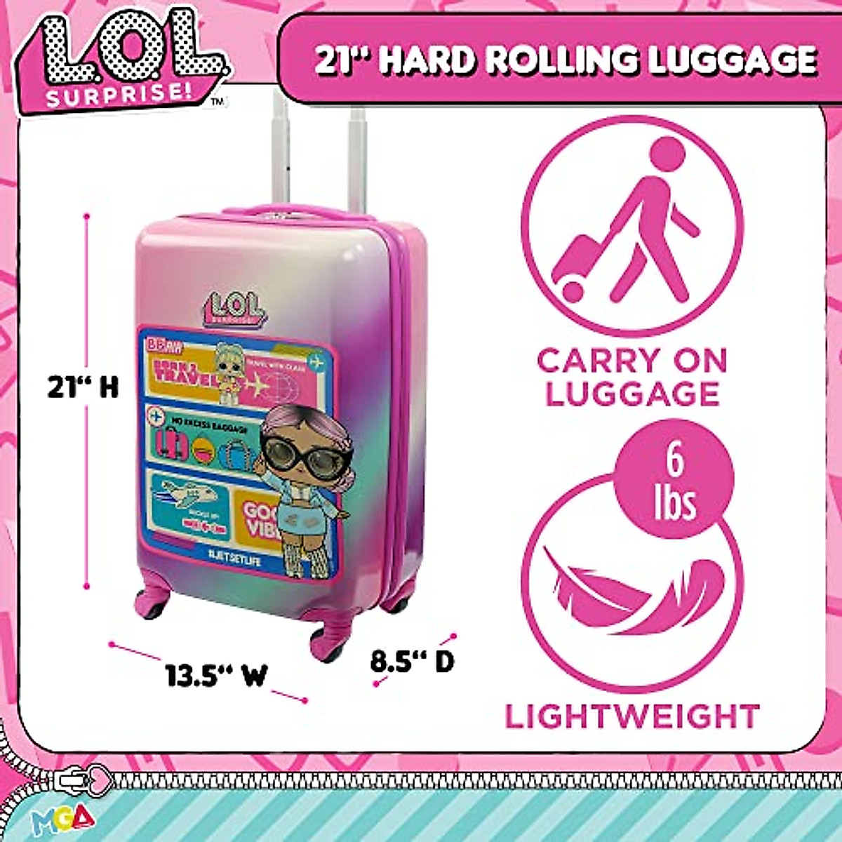 FUL L.O.L Surprise! 21 Inch Kids Rolling Luggage, Hardshell Carry On Suitcase with Wheels, Multi