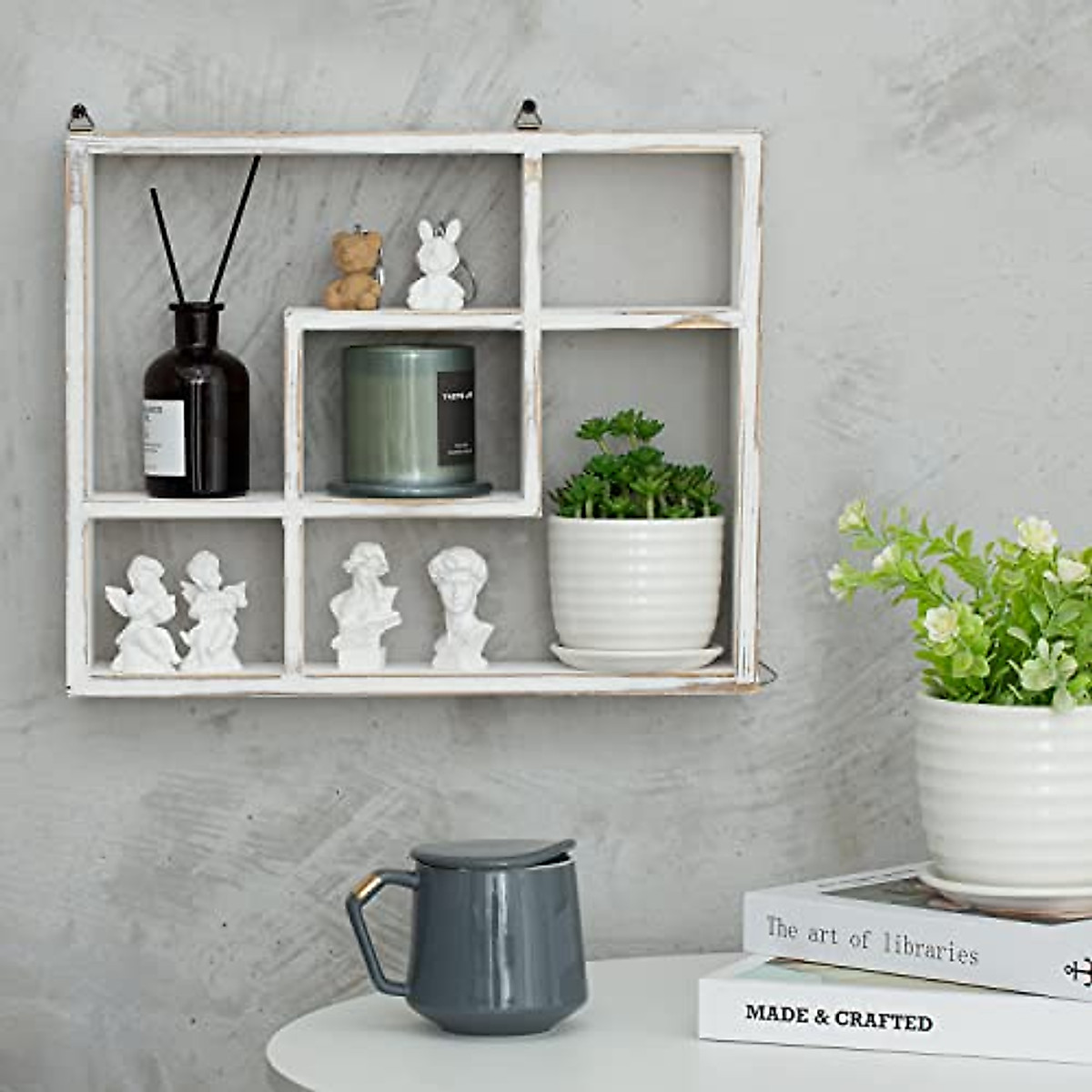 MyGift Wall Mounted Whitewashed Wood Collectible Display Cubby Shelf with 5 Compartments - Hang Vertical or Horizontal