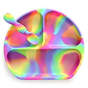 PrimaStella Unbreakable Silicone Non-Slip Plate and Chew Spoon Set for Babies and Toddlers
