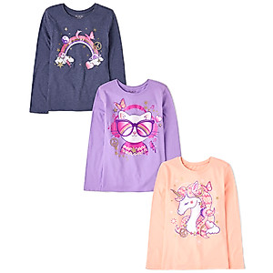 The Children's Place Girls Unicorn Long Sleeve Graphic T-Shirts,Multipacks Rainbow/Music Cat/Unicorn 3-Pack Medium