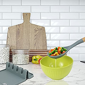 Silicone Utensil Rest with Slotted Serving Spoon - 4-Slot Drip Pad for Multiple Utensils | Wooden Handle Spoon | Kitchen Spoon Holder for Stove Top Heat-Resistant, BPA-Free Non-Stick Cookware - Gray