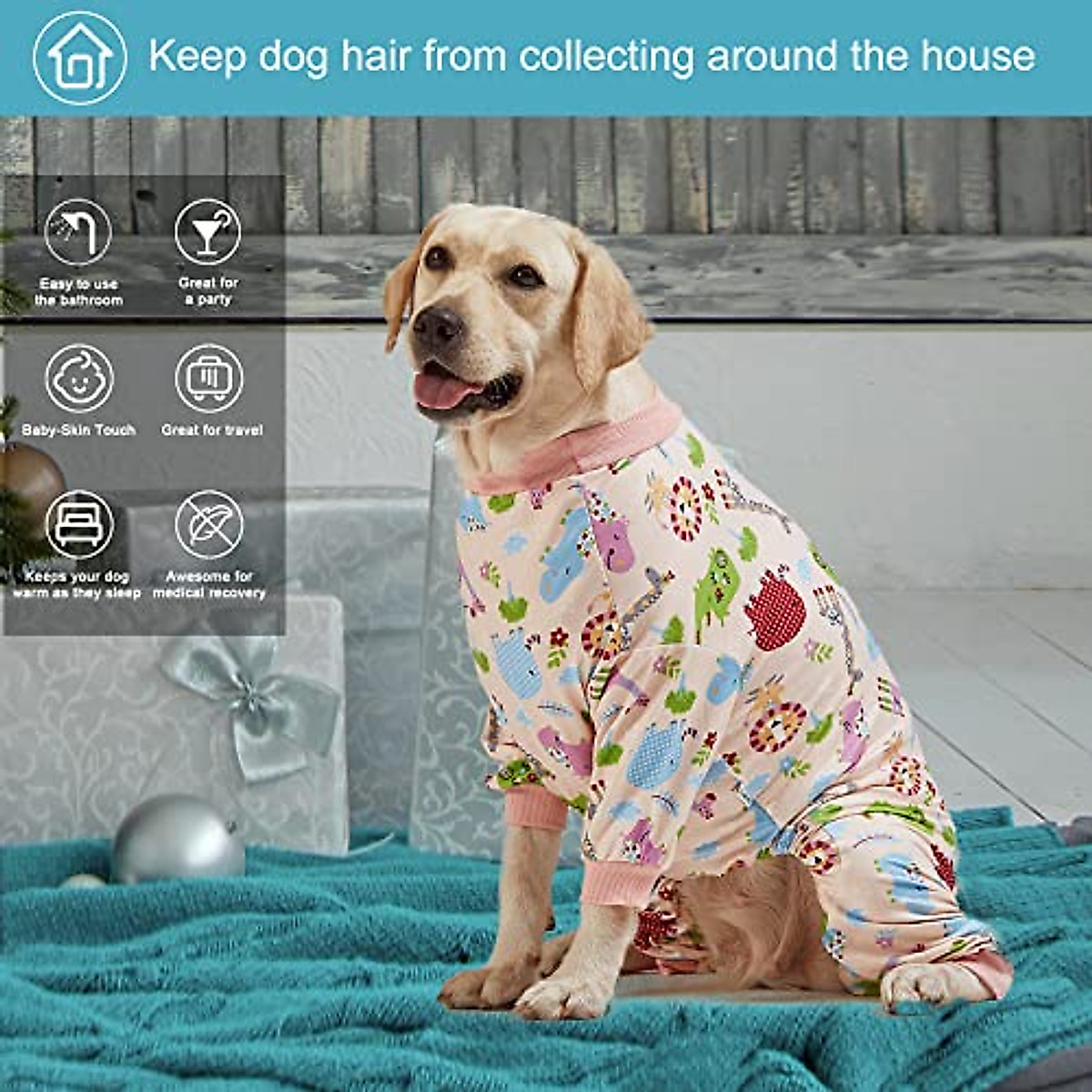 LovinPet Large Dog Clothes: Pajamas for Large Dogs, Slim Fit/Lightweight Pullover Dog PJ's, Full Coverage/Animals Allover Pink Print/Pet Pajamas/XL