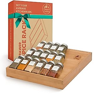 Pinnacle Cookery Spice Drawer Organizer for Kitchen - Bamboo Spice Rack Organizer for Drawer - 15x13 Space Saving Seasoning Organization Storage Tray