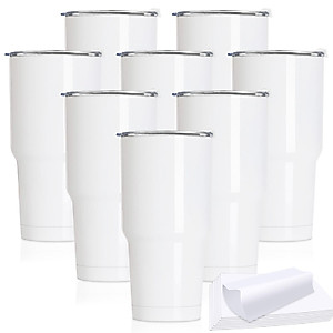 XccMe 30oz Stainless Steel Sublimation Tumblers Bulk,8PACK Double Wall Vacuum Insulated Coffee Mugs with Shrink Wrap Films and Splash Proof Lids,Travel Cups for DIY Gift,Coffee,Beverage White