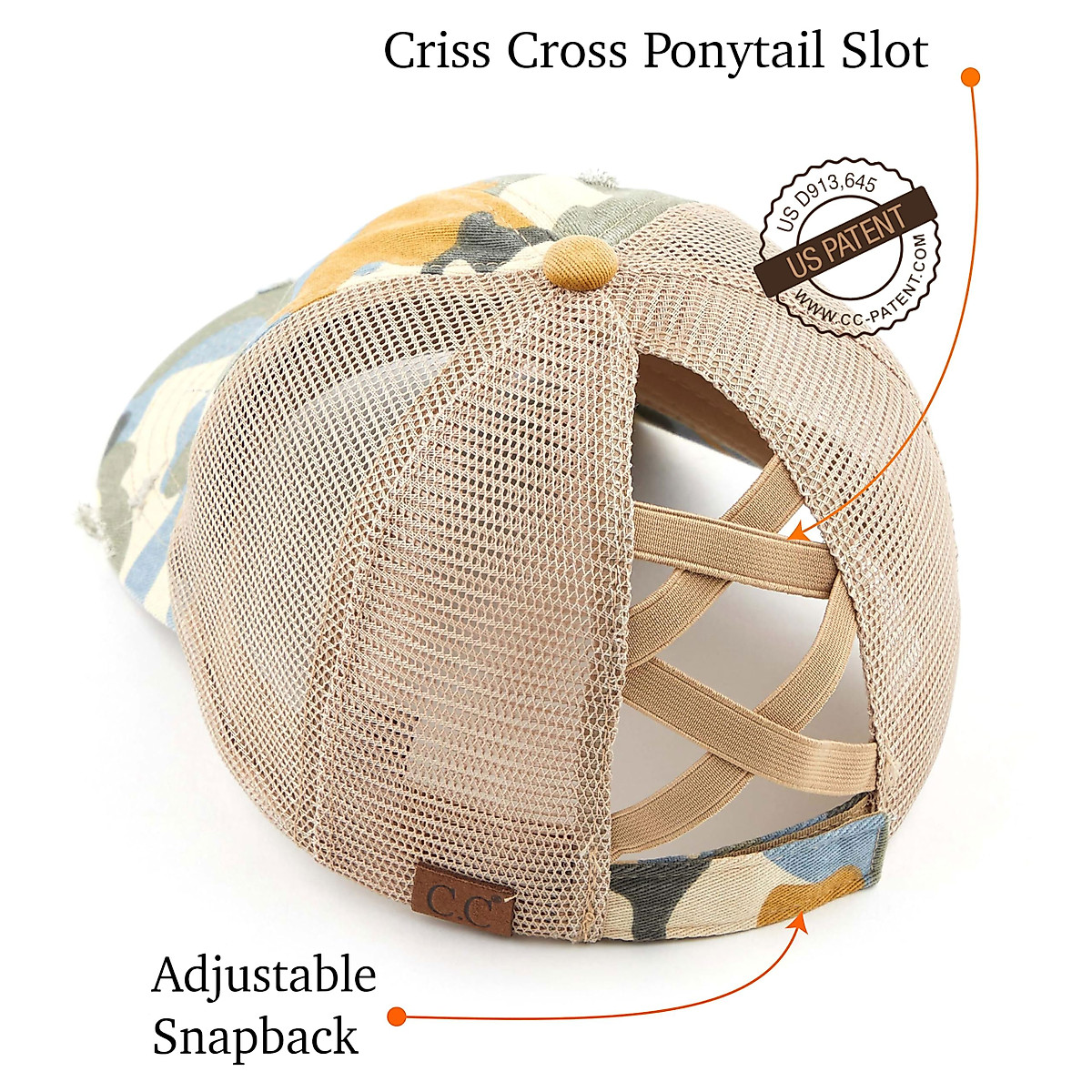 C.C Exclusives Washed Distressed Cotton Denim Criss-Cross Ponytail Hat Baseball Cap Bundle Hair Tie (BT-783) (A Elastic Band-Beige/Camo)