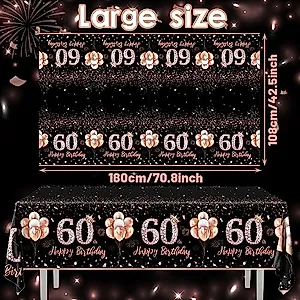 GREHUMOR 3Pcs 60th Birthday Tablecloth Decorations for Women-Rose Gold Pink Table Cloth Happy 60 Birthday Theme Party Supplies Table Cover Plastic Disposable Rectangular Party Decorations