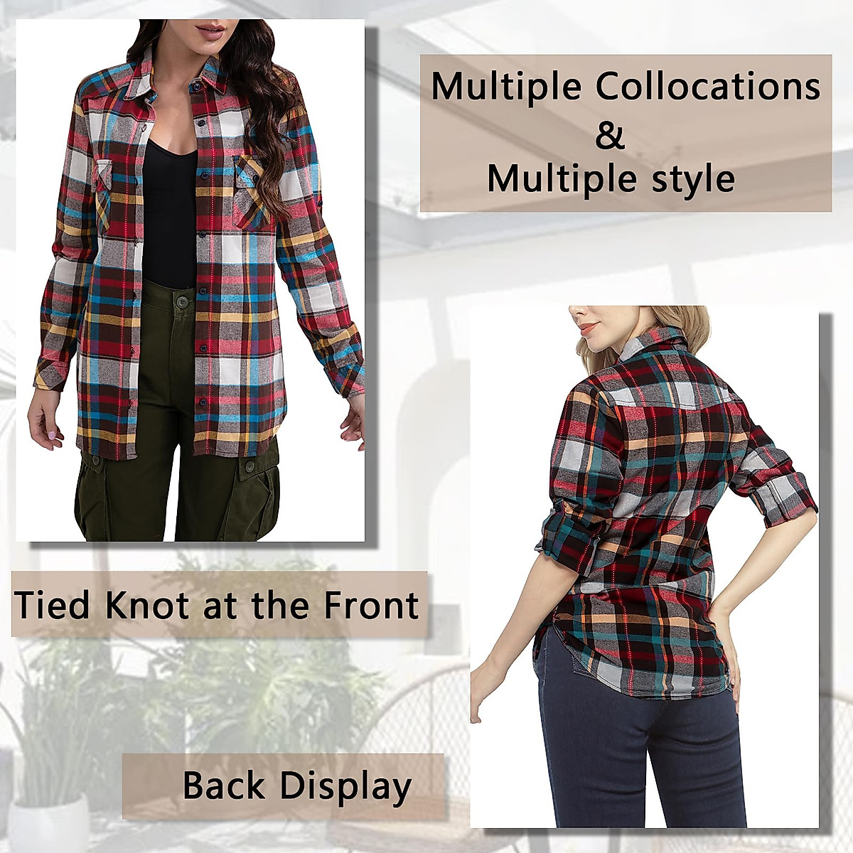 Match Womens Button Down Flannel Plaid Shirts roll up Long Sleeve Shackets Business Blouse Top (Small, Checks#8)