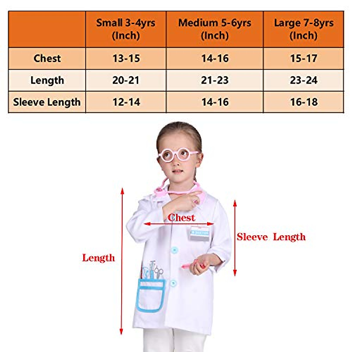 leegleri Doctor Lab Coat Role Play Costume Pretend Play Jacket for Toddler,Doctor Dress Up Outfit for Birthday Gift(3-4years)