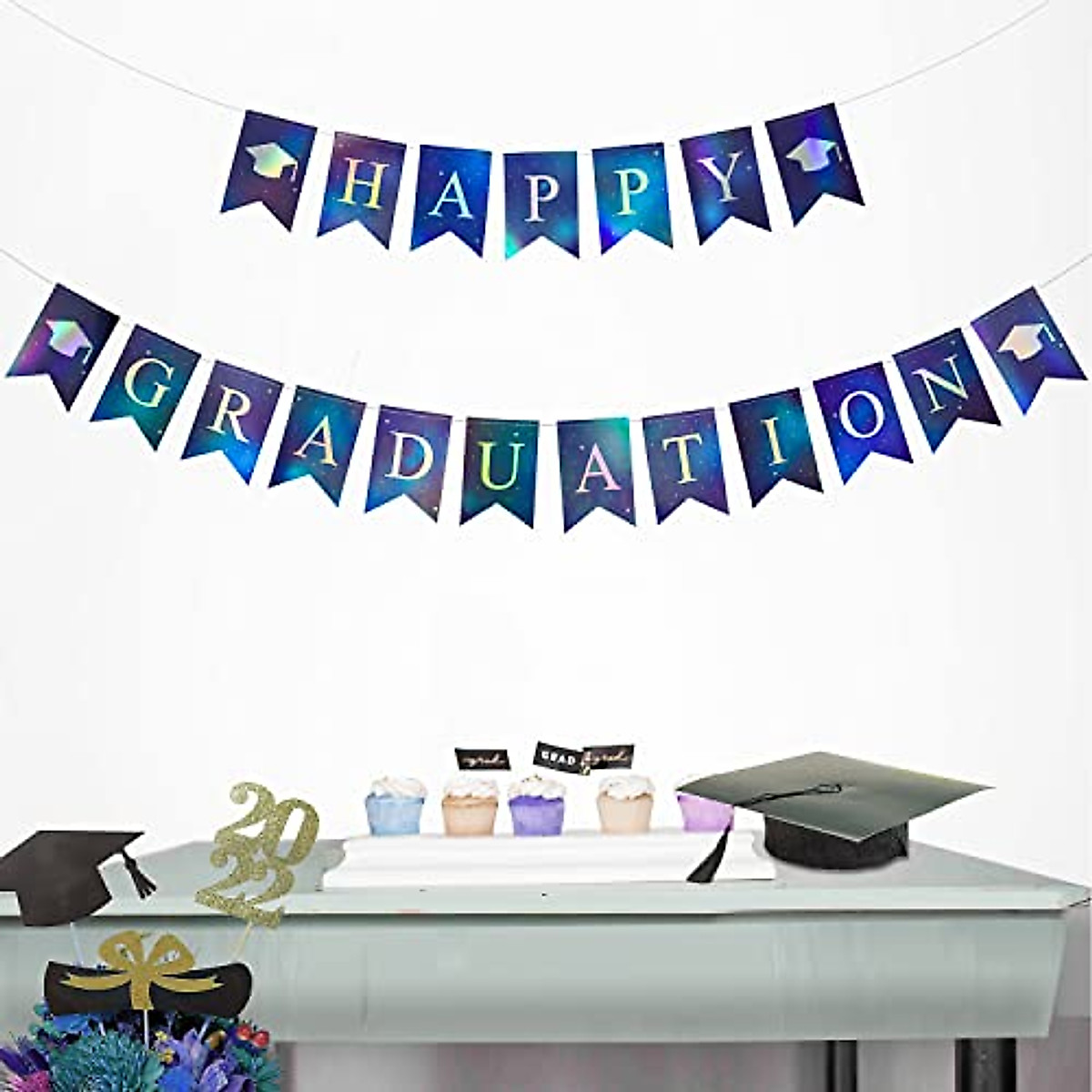 Iridescent Royal Blue Happy Graduation Banner Congrat Grad Garland Fishtail Flag Banner for Graduation Party Decoration Prom Party Supplies