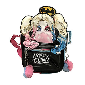 William Lamb Harley Quinn Batman Black Faux Leather Backpack Featuring Eye Catching Face Design, Black, Kids Regular