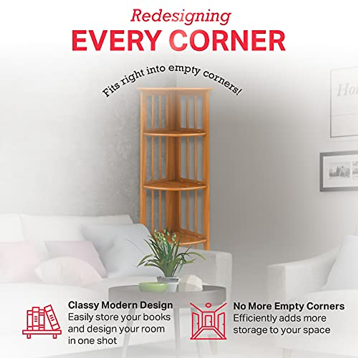 Stony Edge Folding Corner Shelf Easy Assembly - 51”x12.5”x12.5” 5 Tiers - Perfect Wooden Corner Bookshelf Organizer for Books and Decorative Items. (Honey Oak)