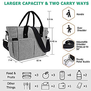 KIPBELIF Insulated Lunch Bags for Women - Large Tote Adult Lunch Box for Women with Shoulder Strap, Side Pockets and Water Bottle Holder, Gray, Extra Large Size