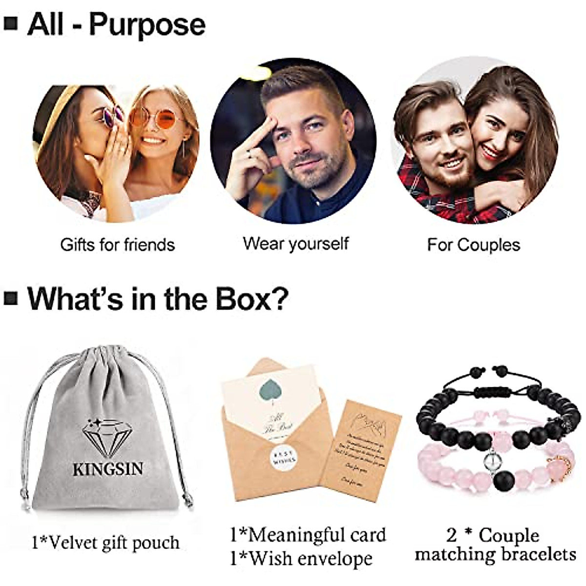 KINGSIN Long Distance Relationship Gifts Matching Couples Stuff Crown King Queen Bracelet Bracelet Couple Gift for Boyfriend Girlfriend Him Her Husband Wife Friendship