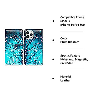 Bcov iPhone 14 Pro Max Case, Plum Blossom Flower Leather Flip Phone Case Wallet Cover with Card Slot Holder Kickstand for iPhone 14 Pro Max