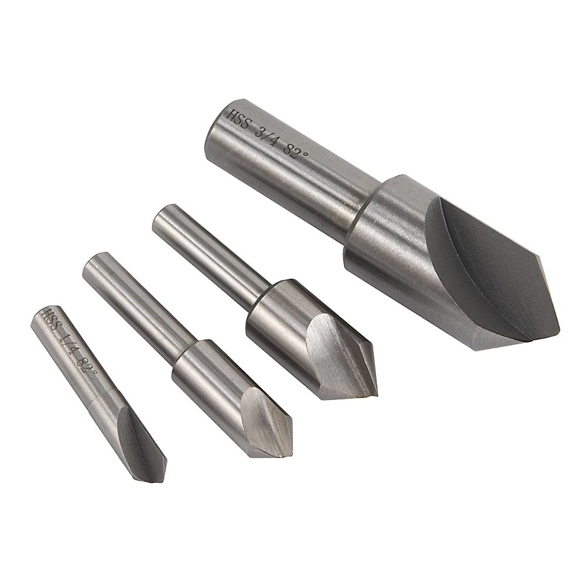 82 Degree Single Flute Countersink Set of 4-82 Degree Point Angle - 1/4", 3/8", 1/2", and 3/4" Diameter Countersinks, LittleMachineShop.com (4540)