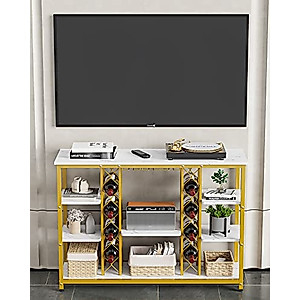 Teraves Modern Wine Rack Table, 47 Inch Wine Baker's Rack with Storage Shelves, 4 Tier Freestanding Wine Rack for Bar, Buffet, Home Kitchen Dining Room Living Room (White Marbling+ Gold Frame)