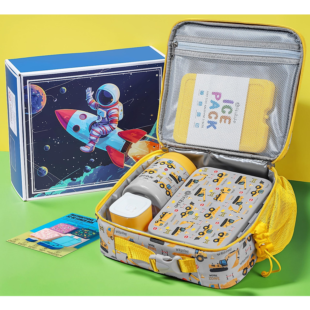 Fimibuke Kids Bento Box with Insulated Thermos Food Jar, Lunch Bag & Ice Pack Set, 3-Compartments Toddler Lunch Box, ONE-STOP Snack Lunch Container Solution for Ages 3-12 School Girls Boys - Trucks