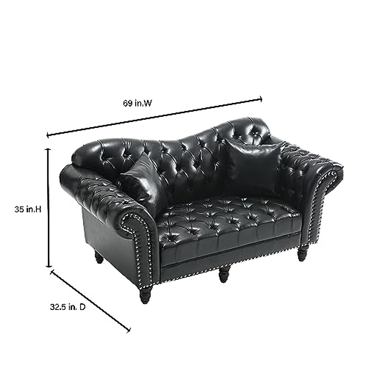 Morden Fort Chesterfield Sofa Faux Leather Loveseat, Luxurious 69" W Tufted Upholstered Loveseat Faux Leather Couch Furniture with Pillows, Wooden Leg for Living Room, Bedroom (Black)