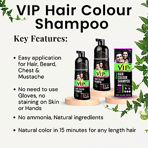 VIP 5 in 1 Hair Color Shampoo (400ml Bottle + 2 Sachets) (black) For Hairs, Mustache, Beard, Chest & hands, Ammonia Free Instant Hair Colour Can be Applied with Bare Wet hands