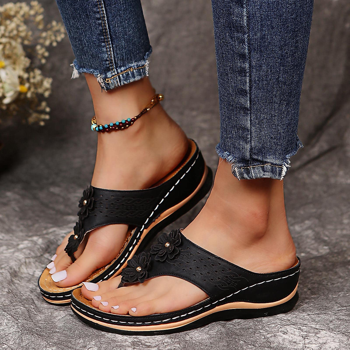 Orthopedic Sandals with Arch Support Flip Flops for Women Wedge Sandals Comfortable Walking Sandals Cushion Footbed Platform Sandals Dressy Summer Slip on Sandals Thong Sandals Casual (a-Black, 8.5)