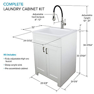 Transolid TCAS-2522-WC 25-in Laundry Cabinet with Acrylic Sink, Stainless Steel High Arc Faucet, White