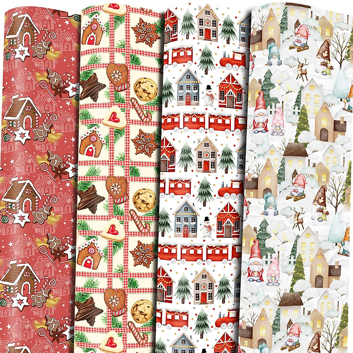 RiukRaiu Christmas Wrapping Paper For Kids Men Women Gift's.Xmas Design-Gift Wrap Contain Snowman Train Biscuit House Candy Skiing Gnome Santa Claus.8 Sheets 20 X 29 Inch, Folded Flat Not Roll