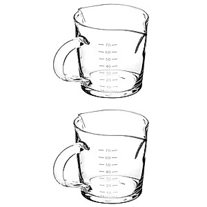 QWORK Espresso Shot Glass with Handle, 2 Pack 3-Ounce Double Spout Glass Measuring Cup Triple Pitcher Milk Cup with Two Scales (OZ&ML)