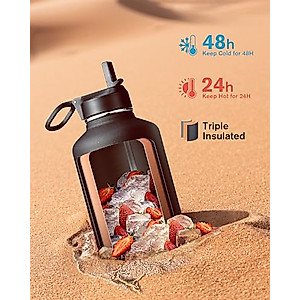 64 oz Water Bottle Insulated with Straw & 3 Lids, Coolflask Large Metal Stainless Steel Water Jug Big Half Gallon Wide Mouth for Sports, Gym or Office, BPA-Free Keep Cold 48H Hot 24H, Magic Black