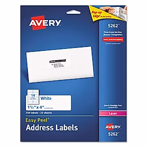Avery 5262 Easy Peel Mailing Address Labels, Laser, 1-1/3 x 4, White, 350/Pack