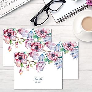 Magnolia Personalized Note Card Set - 24 Cards with White Envelopes, 4¼ x 5½ Inch Size, Blank Inside, Add a Name, For Thank You Notes, or Graduation Gifts…