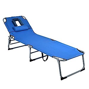 GYMAX Tanning Chair, Beach Lounge Chair with Face Hole, 5 Level Adjustable Backrest, Removable Pillow & Carry Handle, Adult Layout Sunbathing Chair for Outside Beach Poolside Lawn Patio (1, Blue)
