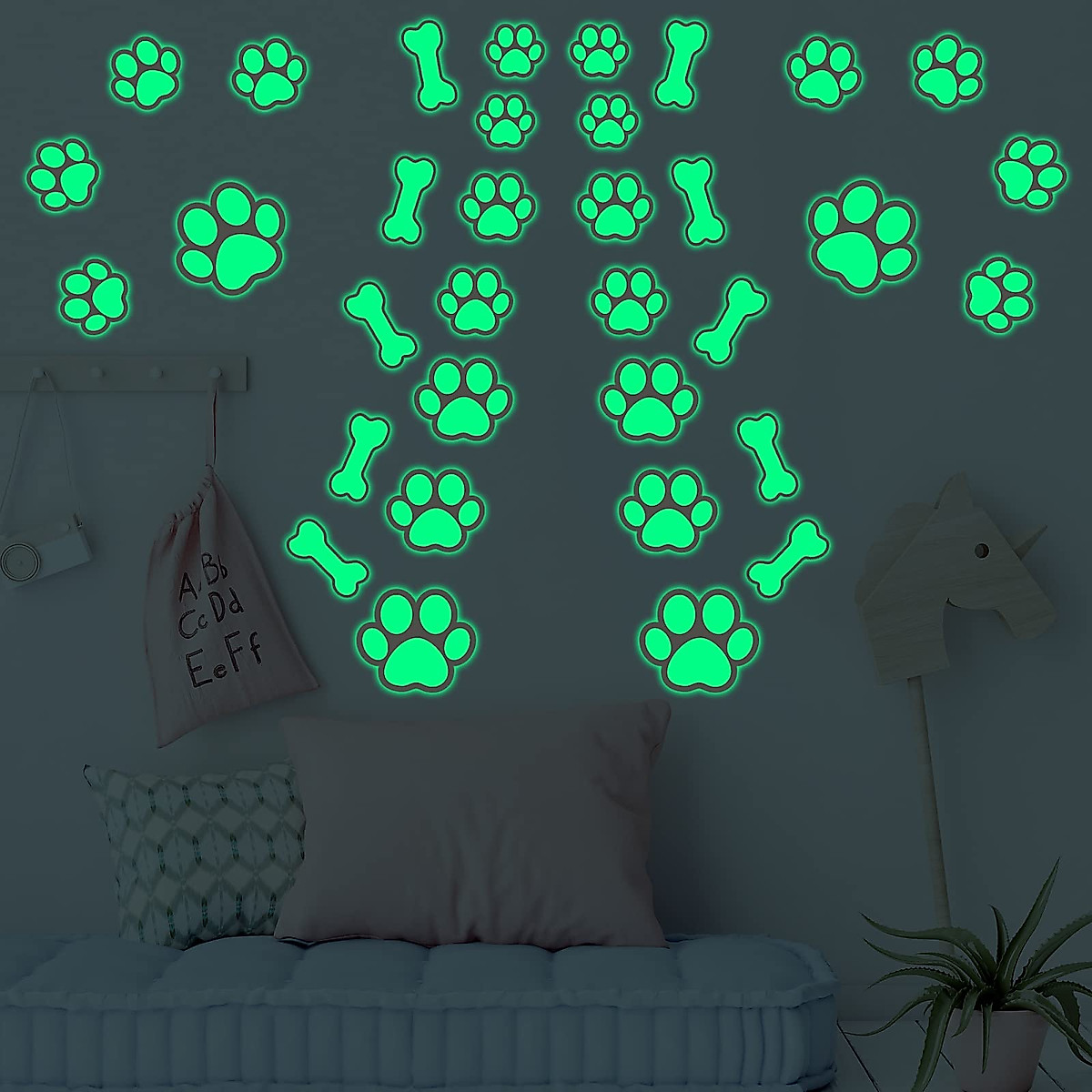 127 Pcs Dog Paw Print Stickers Glow in The Dark Wall Decals Dog Paw Print Wall Decor Dog Wall Stickers Decals Luminous Removable Vinyl Dog Paw Bone Wall Decals for Kids Nursery Bedroom (Green Light)