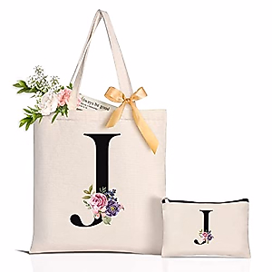 AUNOOL Monogram Tote Bag for Bridesmaid Wedding Day, Initial Canvas Makeup Bag with Zipper, Personalized Birthday Gifts for Women Mom Grandma Sister Friends, Reusable Grocery Bag for Shopping Letter J
