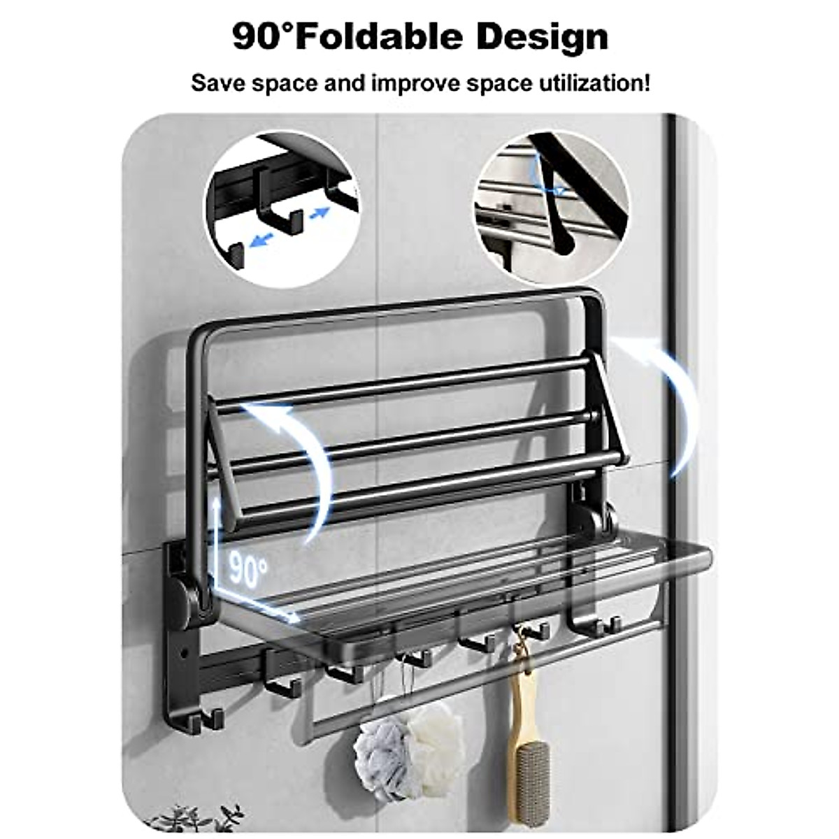 Bathroom Towel Rack, Foldable Towel Racks for Bathroom with 5 Sliding Towel Hooks, Drilling/Adhesive Towel Rack Wall Mounted for Rental/Restroom/Bedroom, Upgrade Wall Anchors, Rustproof, 24in