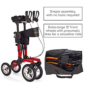 Comodità Tipo Stand Up Advance All Terrain Upright Rollator Walker with Seat and Pneumatic Tires, 4 Wheel Folding Rolling Walker for Adults and Seniors with Cup and Cane Holder, Modena Red