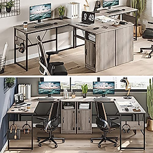 Bestier L Shaped Desk with File Cabinet Reversible Computer Desk 60'' Corner Desks Modern Long Desk 2 People Home Office Desk Study Workstation Table(Wash Grey)