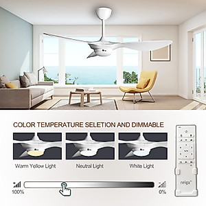 reiga 52-in Modern Bright White Ceiling Fan with Dimmable Light and Remote Control, 3 Blades Smart Ceiling Fans Reversible Quiet DC ETL Motor, 6-speed, Timer, for Bedroom Living Room and Patio