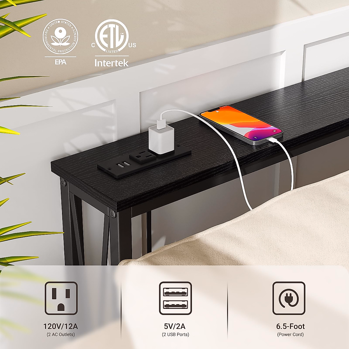 ELYKEN 5.9" Narrow Console Sofa Table with Power Outlets, 5.9" Dx63 Wx31.5 H Long Skinny Behind Couch Table with “X” Cross Metal Frame and Charge Station with 6.5’ Extension Cord, Black