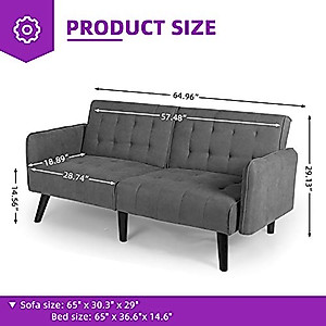 HFG 65in Modern Fabric Linen Upholstered Convertible 2 USB Folding Futon Couch Sofa Bed, Foldable Loveseat, Loveseats Furniture for Compact Small Space, Dorm, Living Room Apartment, Office, Dark Grey