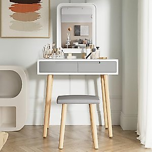 YOURLITE Vanity Table Set with 3 Modes Adjustable Brightness Mirror and Cushioned Stool, Dressing Table Vanity Makeup Table with Free Make-up Organizer