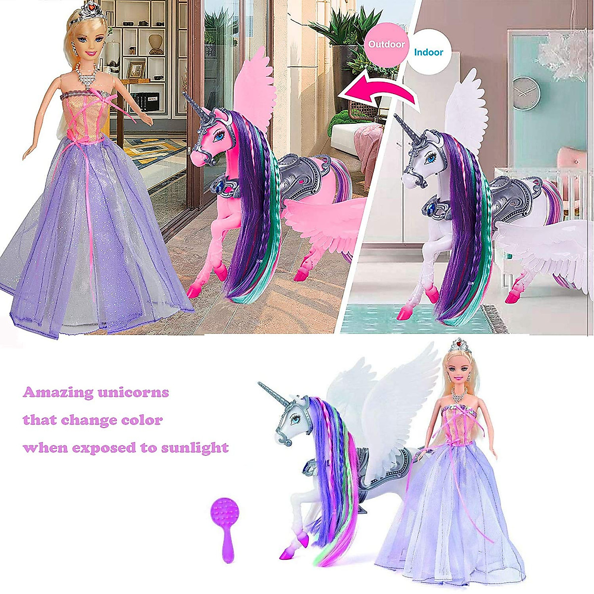 Sparkle Unicorn and Fairy Tale Princess Doll, W/ Crystal Comb and Fairy Stick, Girls' Unicorn Doll Toys Gifts, Presents for Girl Kids Aged 3+ (Pink Unicorn Purple Dress)