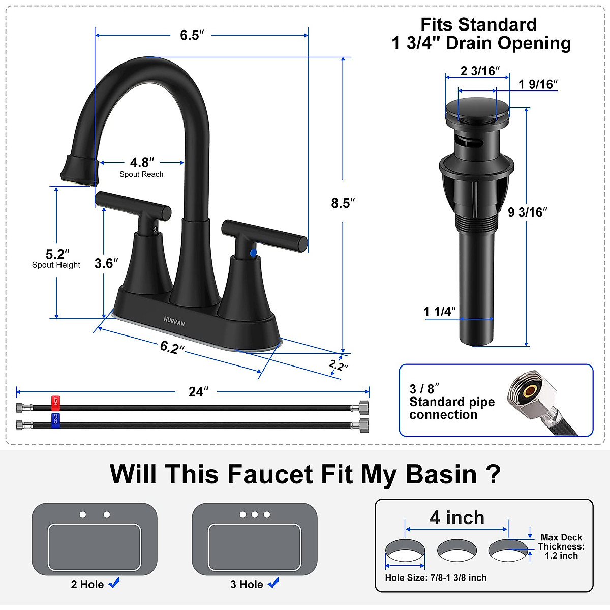 Matte Black Bathroom Sink Faucet with Pop-up Drain and Supply Hose, 4 inch Faucet for Bathroom Sink Vanity, Kitchen Faucet with Pull Down Sprayer, Kitchen Faucets for Sink 3 Hole Bar Rv Camper Laundry