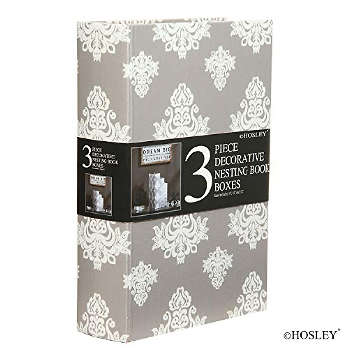 HOSLEY Storage Memory Book Box Set /3, Gray White Farmhouse Large 12", Med 10" Small 8" High. Ideal Gift for Wedding Memories Jewelry Trinket Hobby Keepsake