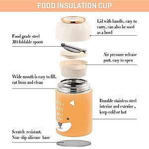 JUNZAN Cute Simple Animal Fox Kids Womens Insulated Food Jar Containers with Spoon 17oz/500ml Lunch Containers For Hot Food Stainless Steel Vacuum Leakproof Lunch Boxes for Lunch Accessories