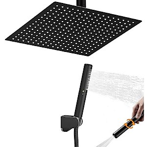 BESy 12 Inch Rain Shower Head, 12" Square Rainfall & High Pressure Stainless Steel Bath Showerhead and Brass 2 In 1 Function Handheld Shower Head Set High Pressure 7 Inch Shower Head Matte Black