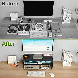 TEAMIX 2 Tiers Wooden Desktop Monitor Stand Riser 20 Inch Printer Stand with Double Storage Small TV Riser Laptop Keyboard Holder Business Desk Organizer Shelf Black Bookshelf