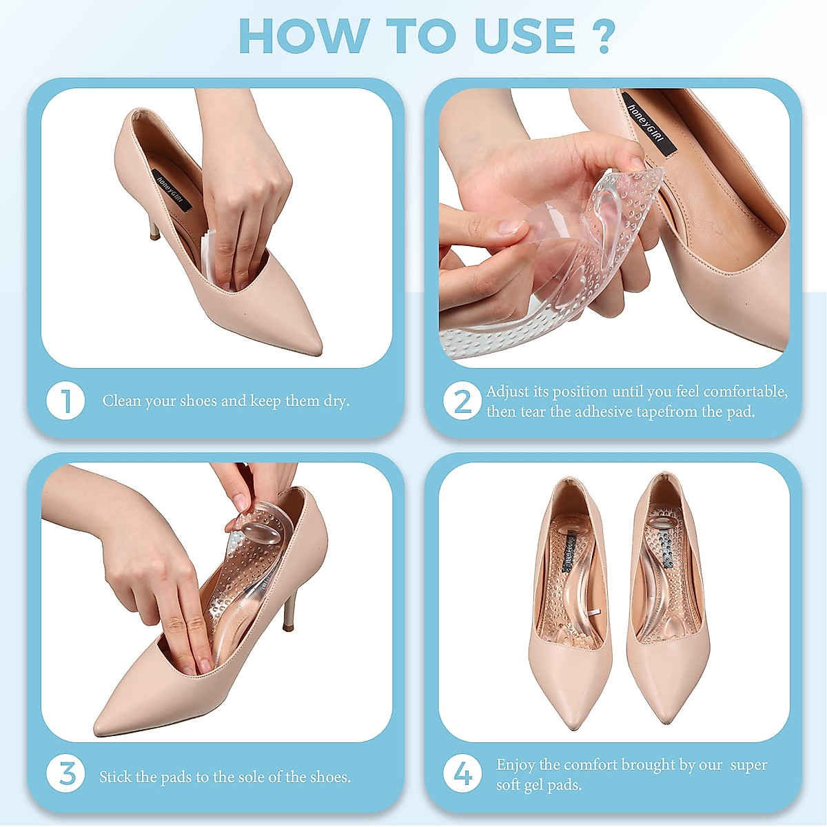 Haysandy 2 Pairs High Heel Cushion Inserts Women and 6 Pcs Gel Heel Pads, 3/4 Insoles Transparent Shoe Fillers Clear Gel Shoe Inserts for Women and Self Adhesive Soft Silicone for Ladies Sandals